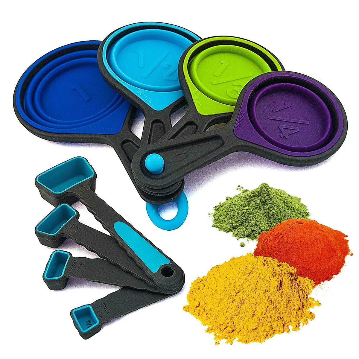 Collapsible Measuring Cups and Measuring Spoons | Portable Food Grade Silicone Measurement Cup Set for Liquid & Dry Food | Dog Food & Camping & Kids Measuring Cup