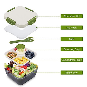 Rassody 74 OZ Salad Container To Go for Lunch with Ice Pack, Dressing Cup and 4 Compartments for Salads Toppings, Snacks, Fruits, Built-In Fork, Large Mixing Bowl, Leak-Proof, Reusable and BPA-Free