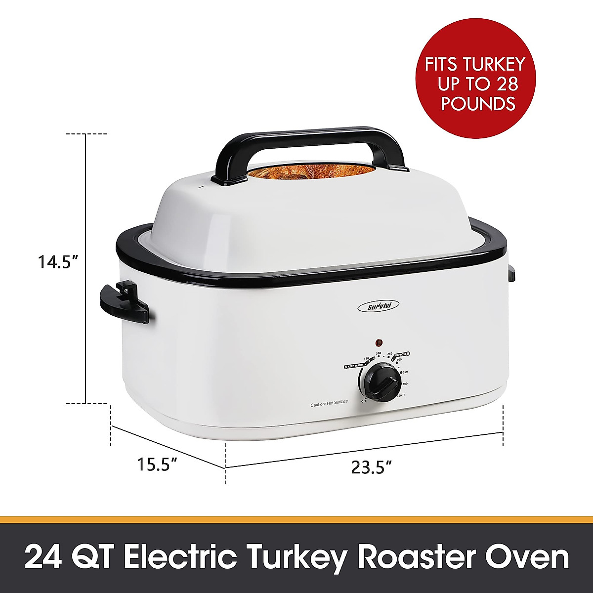 Roaster Oven, 24 QT Electric Roaster Oven with Viewing Lid, Sunvivi Turkey Roaster with Unique Defrost/Warm Function, Large Roaster with with Removable Pan & Rack, Stainless Steel, White