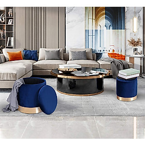 DEERUN Round Velvet Storage Ottoman Foot Rest Stool/Upholstered Footstool with Gold Plating Base,Pack of 2 (Blue)