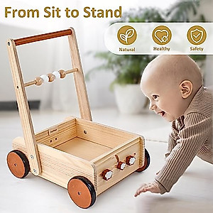 PairPear Wooden Baby Walker Push Toys,Adjustable Speed Nature Wood Push Walkers for Babies Learning to Walk,Toddler Push and Pull Toys Gift for baby Girls and Boys 1-2