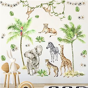 Jungle Animals Wall Decals Woodland Animals Wall Stickers Baby Boys Girls Nursery Wall Decor,Safari Wall Decals Peel and Stick Elephant Giraffe Forest Animal Wall Stickers for Kids Room Playroom Decor