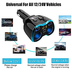 USB C Car Charger, Cigarette Lighter Splitter Adapter 2 Socket Type C Multi Power Outlet 12V/24V 80W DC with LED Voltmeter Switch 5.8A Dual USB Port for Mobile Cell Phone GPS Dash Cam