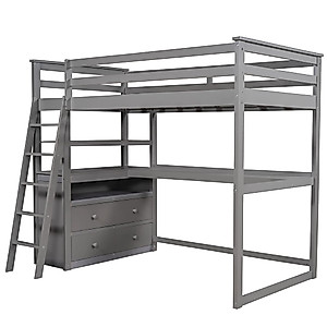 Twin Size Loft Bed with Desk and Drawers, Wood Twin Loft Bed with Storage Shelves, Angled Ladder and Wood Slat Support, High Loft Bed for Kids, Teens, Adults Boys & Girls, Gray