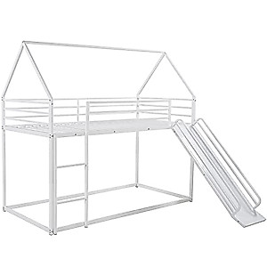Tidyard Twin Over Twin House Bunk Bed with Ladder and Slide,White for Bedroom Dorm Guest Room Home Furniture