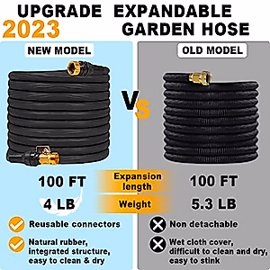 Expandable Garden Hose 100ft, 2023 Upgrade Water Hose with Lightweight Nano Rubber Fabric, 3/4" Solid Brass Fittings, No-Kink and Leak-Proof Retractable Flexible Hose with Spray Nozzle (Black&Blue)