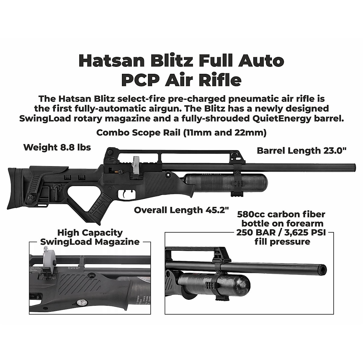 Hatsan Blitz Full Auto PCP .30 Cal 730 fps 53 FPE w/ 16-Shots 2 Magazines Air Rifle with Included Wearable4U 100x Paper Targets and 100x .30cal Pellets Bundle