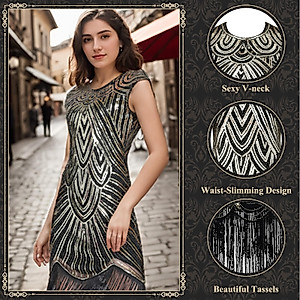 PLULON 1920s Sequin Beaded Fringed Flapper Dress Great Gatsby Dresses for Women with roaring 20s Costumes Accessories Set (Gold and Black,XLarge)