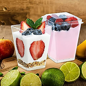 SHOPDAY 5oz Plastic Dessert Cups with Lids 100 Pack Small Clear Square Parfait Cups with Spoons, Mini Plastic Tumbler Serving Cups for Tasting Party Appetizers Mousse Yogurt