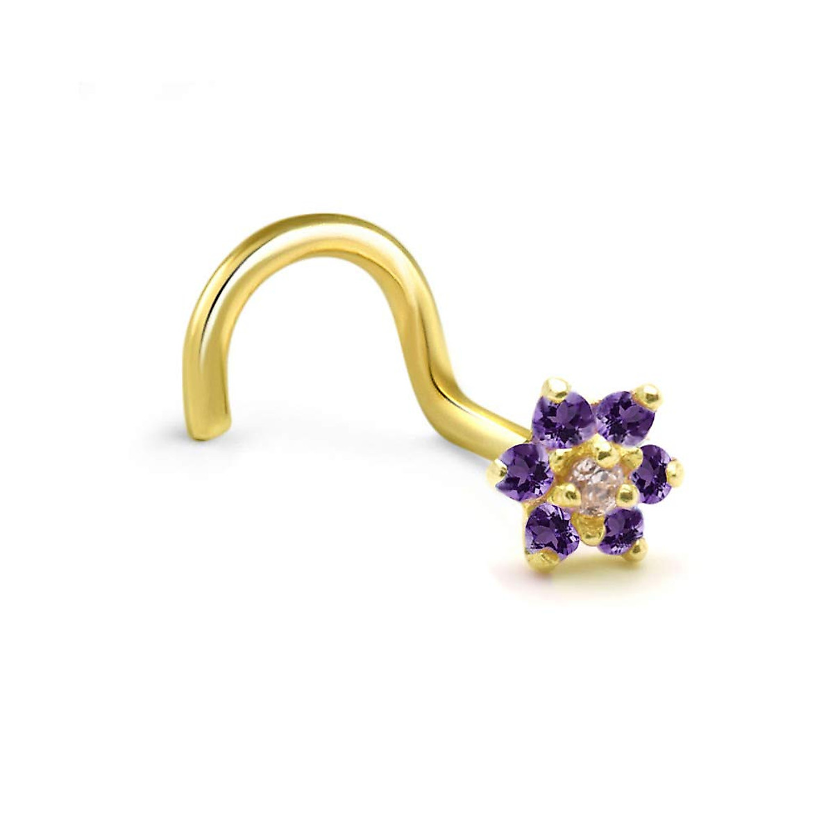 14k Yellow Gold L Bend Nose Stud Ring 4.5mm Purple Christina Flower Cluster 22G