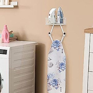 Ironing Board Hanger Wall Mount for Y Leg Ironing Board Holder with Shelf and Wooden Base Basket Iron Holder Rack with Hooks for Home Laundry Room White