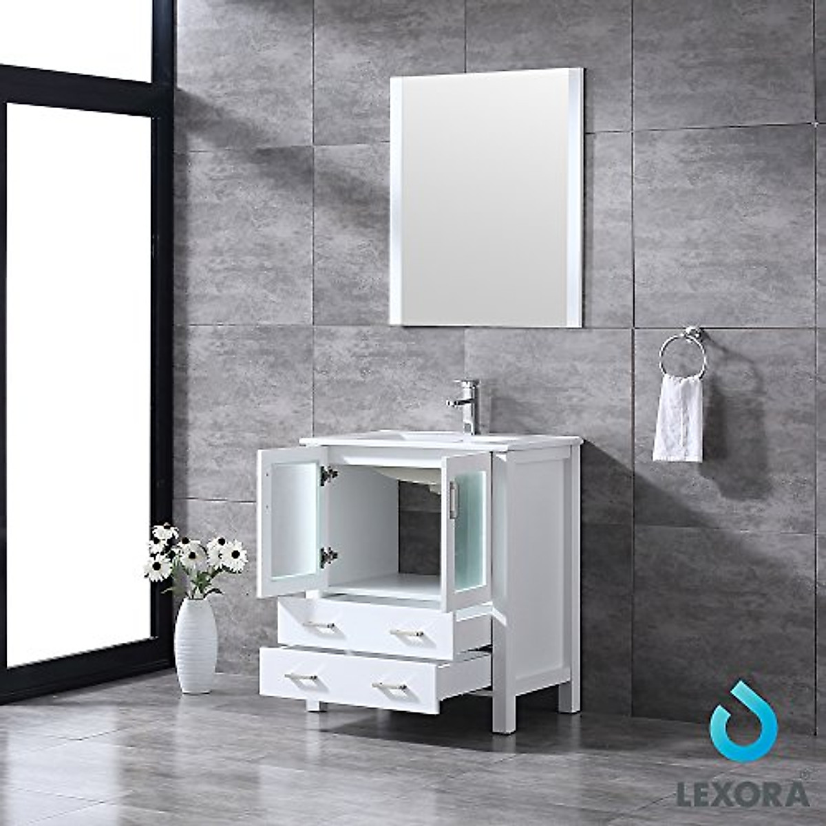Lexora Volez 30 in W x 18.25 in D White Bath Vanity, White Ceramic Top and 28 in Mirror