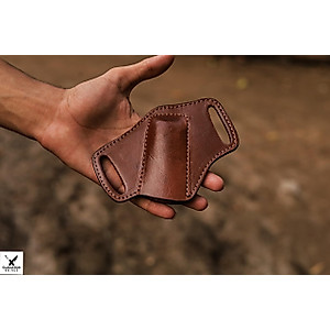 Handmade Leather Sheath for Pocket Knives, Slanted Pancake/Tooled/Belt/Trapper Style, TAN, 100% Real Leather (Brown)