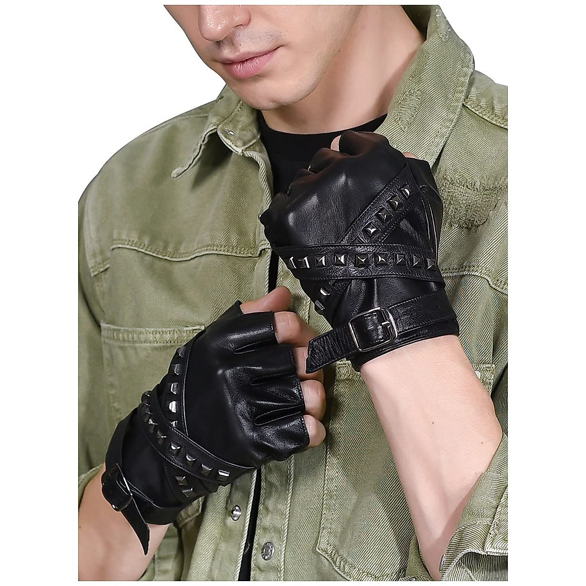 FIORETTO Men Genuine Leather Fingerless Gloves Punk Half Finger Gloves Unlined Sheepskin Gloves for Driving Motorcycle Black Large