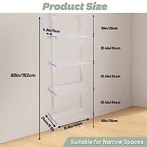 Cutora Acrylic Ladder Bookshelf 9.5" D x 15.6" W x 60" H Clear Bookcase Narrow Display Shelf for Small Space Wall Mounted Storage Rack for Living Room Bedroom Cloakroom Bathroom (4-Tier)