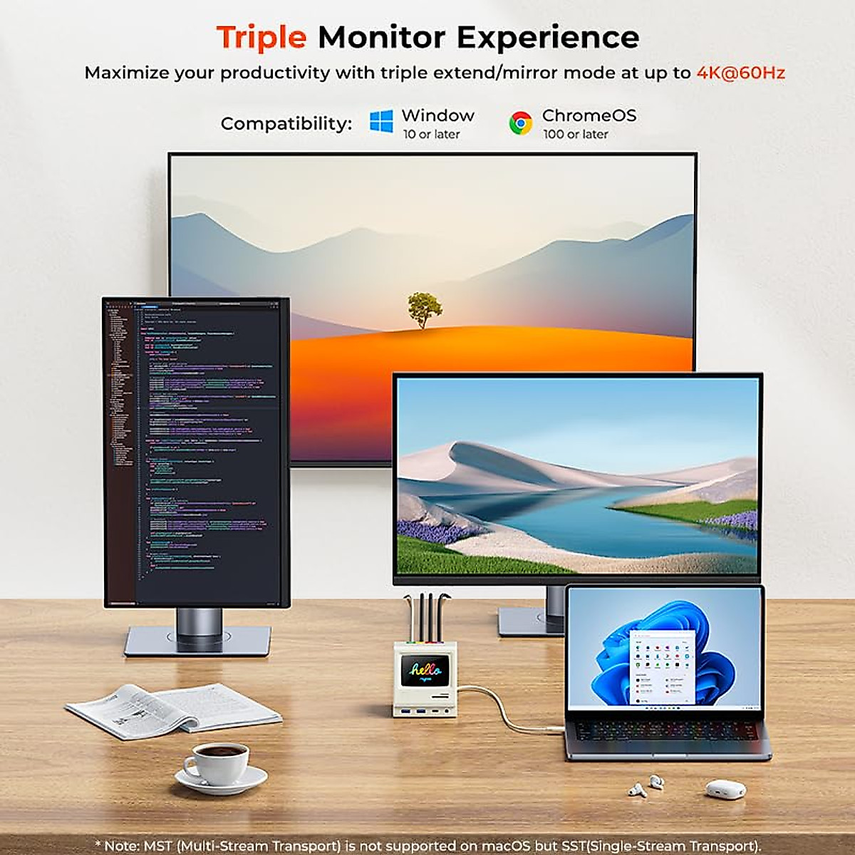 RayCue 128K SE Docking Station Triple Monitor, Digital Clock/Photo Frame,13-in-1 USBC Dock Triple 4K Display for MacBook Windows, 3 HDMI, USB C Data, Ethernet, Audio, 5 USBA Ports