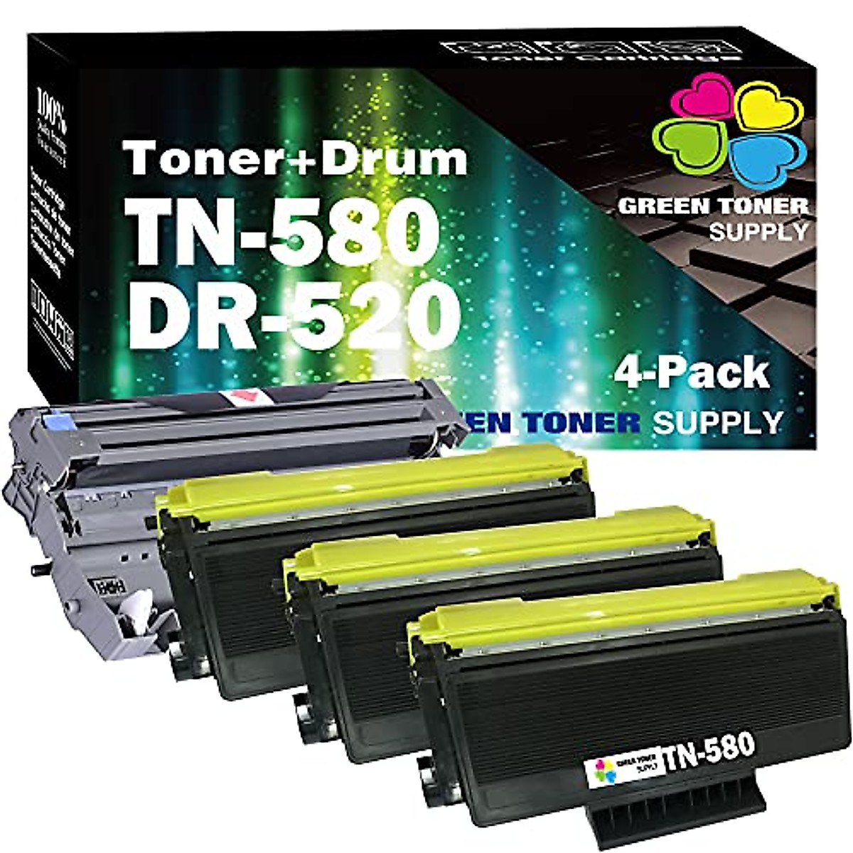 (4 Pack, Toner+Drum) Green Toner Supply Compatible TN580 DR520 Toner Cartridge and Drum Unit (3xToner + 1xDrum) Used in Brother MFC-8870DW MFC-8890DW Printer