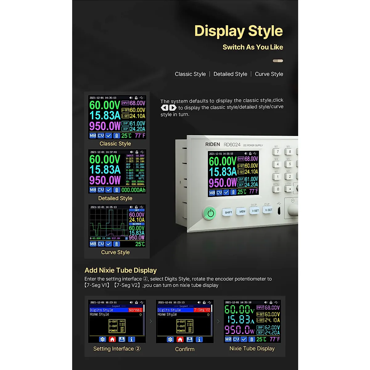DC Power Supply Variable Adjustable Lab Bench Power Supply Buck Converter Step Down Switching Regulated 4-Digital LCD Display 60V 24A 1140W Assembled RD6024