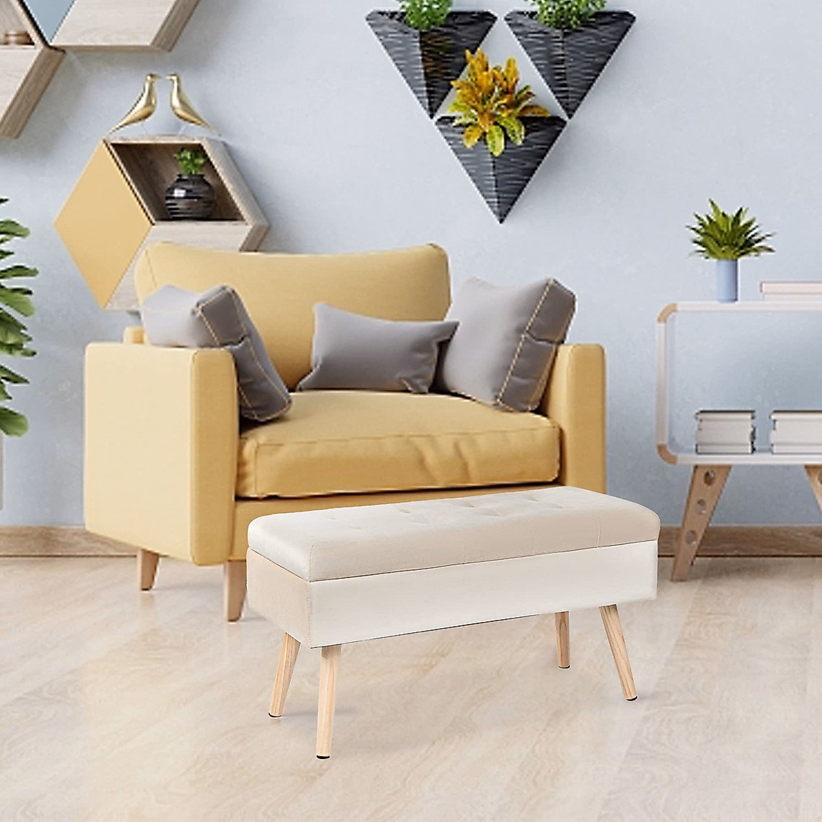 Nalupatio Storage Ottoman, Upholstered Fabric Ottoman with Safety Hinge, Padded Rectangular Footstool, Bench for Living Room & Bedroom (White)