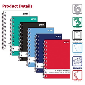 Better Office Products 3 Subject Spiral Notebooks, 9.5 x 5.5 inch, 6 Pack, 150 Sheet Notebook with 2 Double-Sided Pocket Dividers, Assorted Solid Color Covers (College Ruled)
