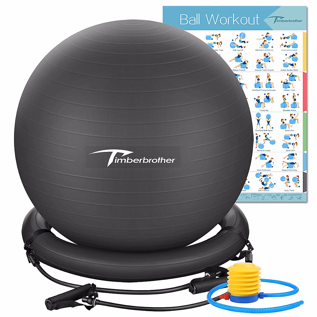 Timberbrother 75cm Exercise Ball Chair with Resistance Bands Workout Poster 16.5”x 22.4”,Stability Ball Base for Gym and Home Exercise (Black with Ring & Bands)
