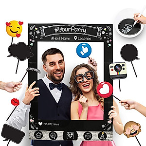 Insta-Themed Social Media Party Photo Booth Selfie Frame with Emoji & Speech Bubble Props. Great as Vintage Background Photography for Birthday, Anniversary, Wedding Event Decoration
