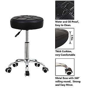 KKTONER Round Rolling Stool Chair PU Leather Height Adjustable Shop Stool Swivel Drafting Work SPA Salon Stools with Wheels Office Chair (Black)