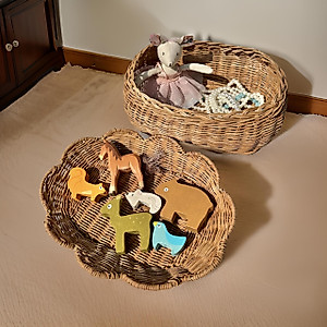 Small Basket Set of 2, Hand Woven Scallop Rattan Baskets - Storage Basket with Lid, Nursery Storage, Scalloped Edge Basket, Scalloped Wicker Basket, Home Decor for any room 15 x 10 x 6