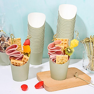 Whaline 50Pcs Sage Green Charcuterie Cups with Bamboo Sticks Plastic Treat Goodie Bags Gold Twist Ties 14oz Disposable Paper French Fries Cup Holder for Home Kitchen Baby Shower Birthday Party Supply
