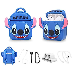 SUIHUOJI Cute Stitch Backpack Airpods Case,6 in 1 Silicone Airpods 2/1 Charging case Accessories Cover,3D Fashion Funny Cartoon Shoulder Bag Protective Design Skin for Apple Earphone 2&1 with Keychain