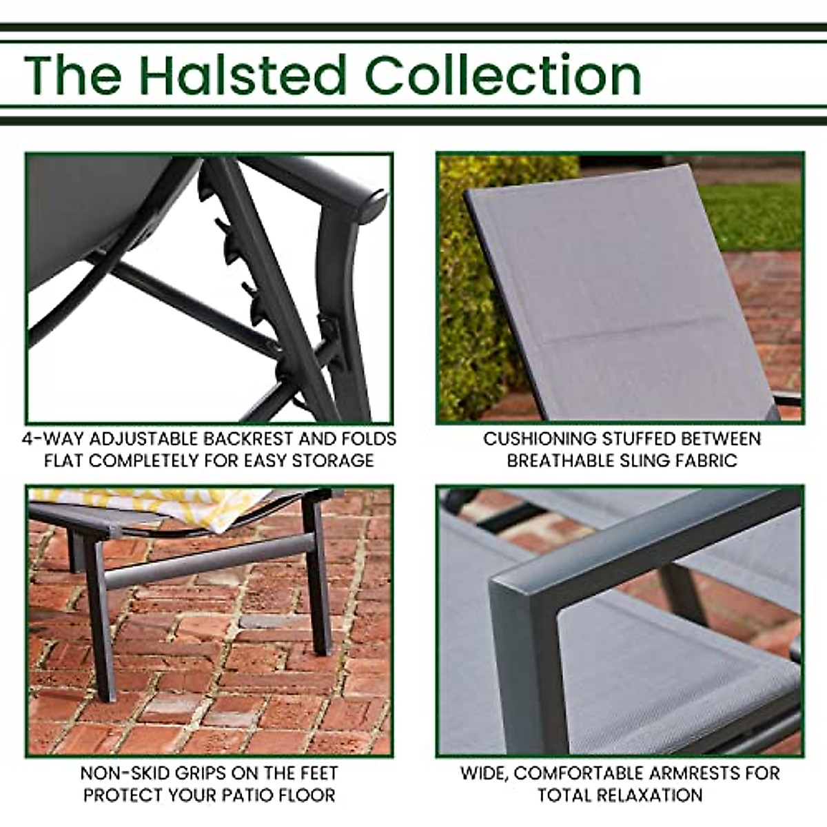 Hanover Halsted Padded Sling Chaise Lounge Chair Modern Luxury Outdoor Furniture for Patio, Backyard, Poolside Rust-Proof Aluminum Frame Weather-Resistant HALSTEDCHS-AL, Black