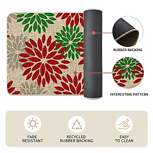Artoid Mode Red Green Dahlia Floral Boho Christmas Kitchen Mats Set of 2, Winter Home Decor Low-Profile Kitchen Rugs for Floor - 17x29 and 17x47 Inch