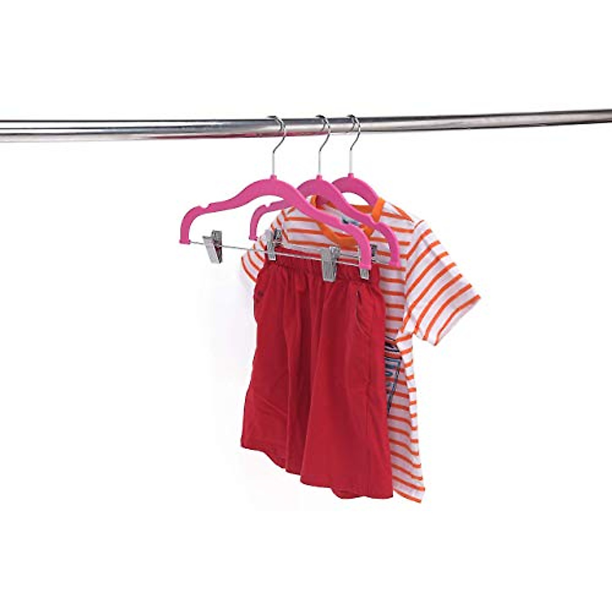 Quality Kids Children's Plastic Non Velvet Non-Flocked Thin Compact Skirt Pant Coat Hangers with Metal Clips for Skirts Pants Blouses 360° Swivel Hook, Jacket, Shirt, Legging, Suit Hangers (Pink, 10)