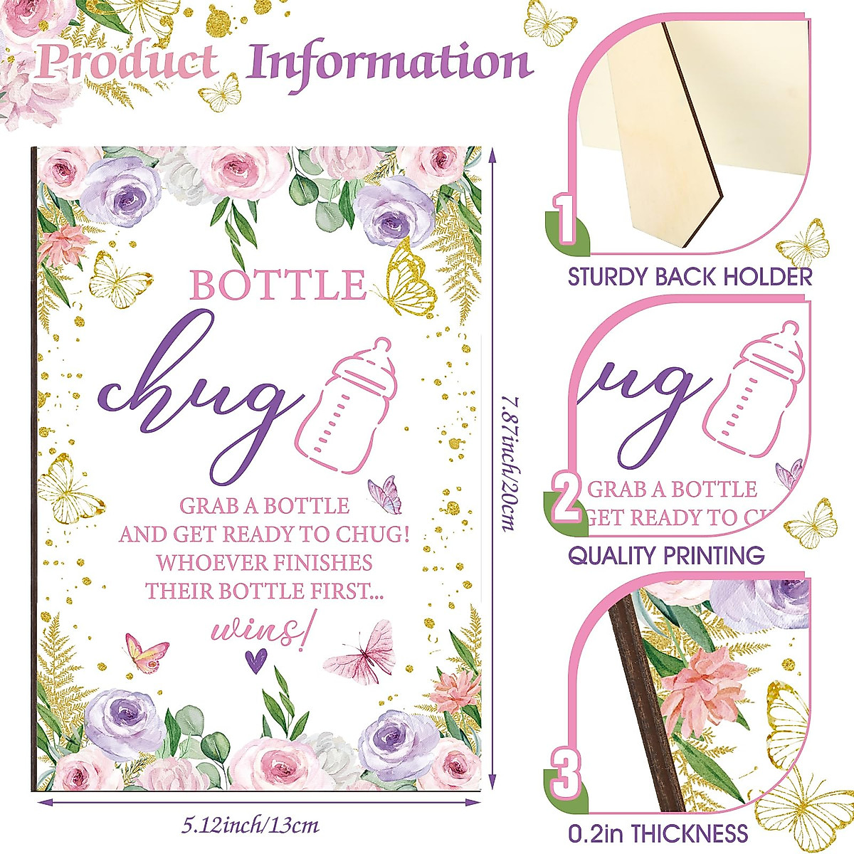 Sherr Butterfly Cool Baby Shower Games Bottle Chug Sign Wooden Butterfly Baby Gift Sets Gender Reveal Party Favors and 12 Pcs Baby Bottle Shower Favor Baby Bottles for Baby Shower Games Gender Reveal