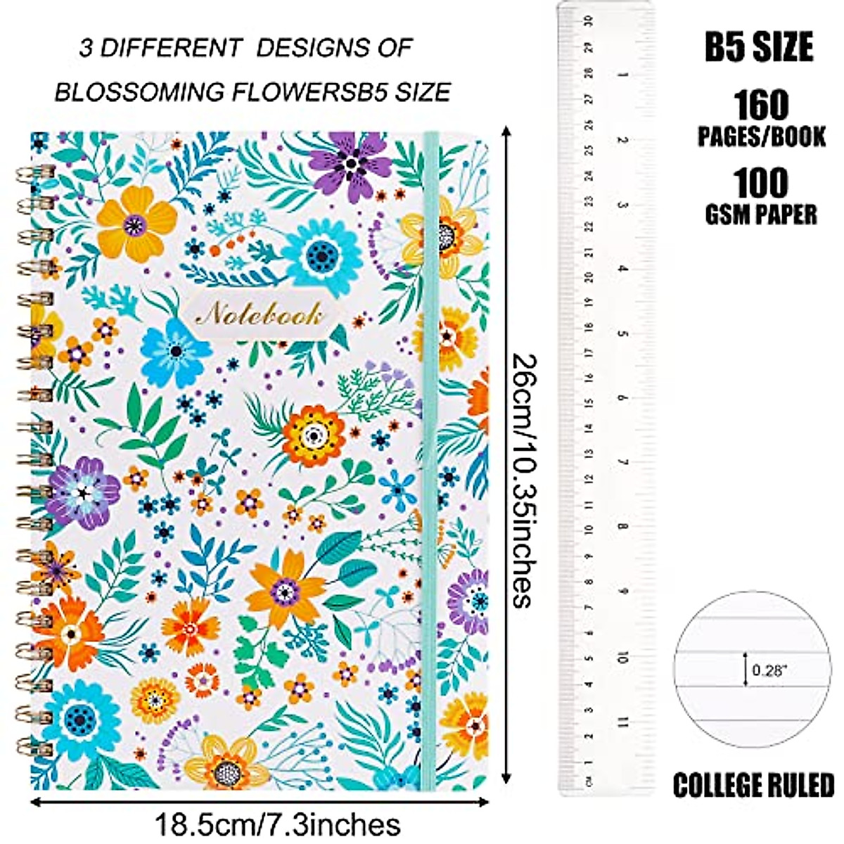 EOOUT 3 Pack B5 Spiral Notebook, Hardcover Large Notebooks, Wide Ruled Spiral Notebooks with 160 Pages, 100gsm Paper, 7.3'' x 10.3'' Cute Notebooks for Women Office School Supplies