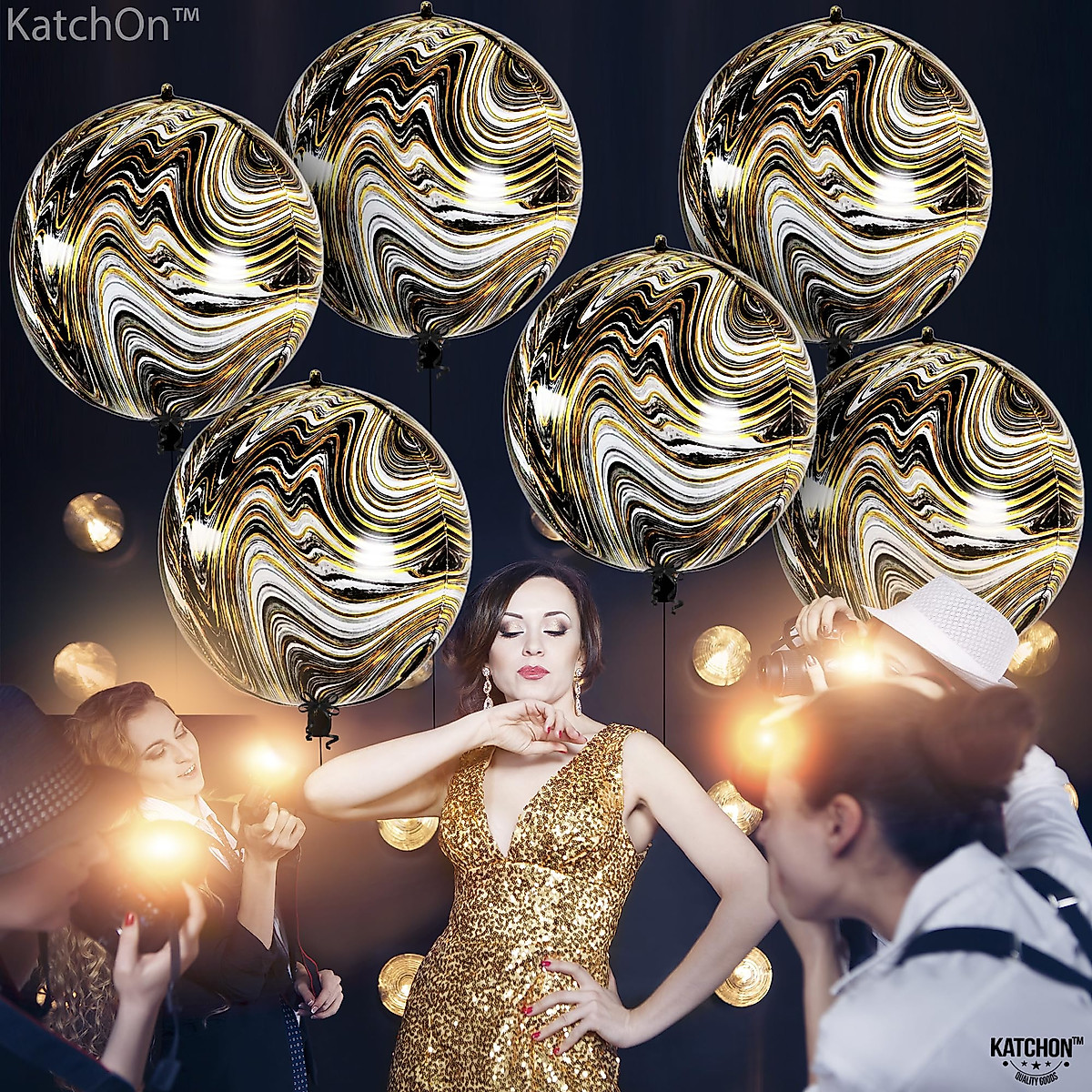 KatchOn, Black and Gold Marble Balloons - 22 Inch, Pack of 6 | Round 4D Marble Black and Gold Balloons, Gold and Black Balloons | Black Agate Balloons | Halloween Balloons for Halloween Decorations