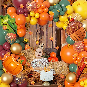 187Pcs Thanksgiving Balloons Garland Arch Kit, Thanksgiving Party Decorations Orange Yellow Burgundy Green Balloon Maple Leaves for Birthday Friendsgiving Little Pumpkin Baby Shower Party Supplies