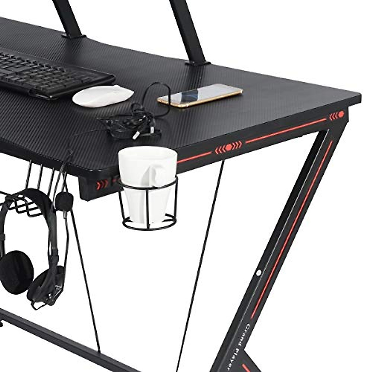 FurnitureR 47'' Gaming Desk with Monitor Stand Computer Gaming Table Home Office Desk with Cup Holder and Headphone Hook, Modern Simple Gamer Game Table, Black