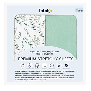 TotAha Botanical Pack and Play Sheets Fitted, Compatible with Graco Pack N Play Playard Crib, Babyletto, Dream on Me, Baby Trend, and Other Playpen Mattress, Premium Soft Mini Crib Sheets, 2 Pack