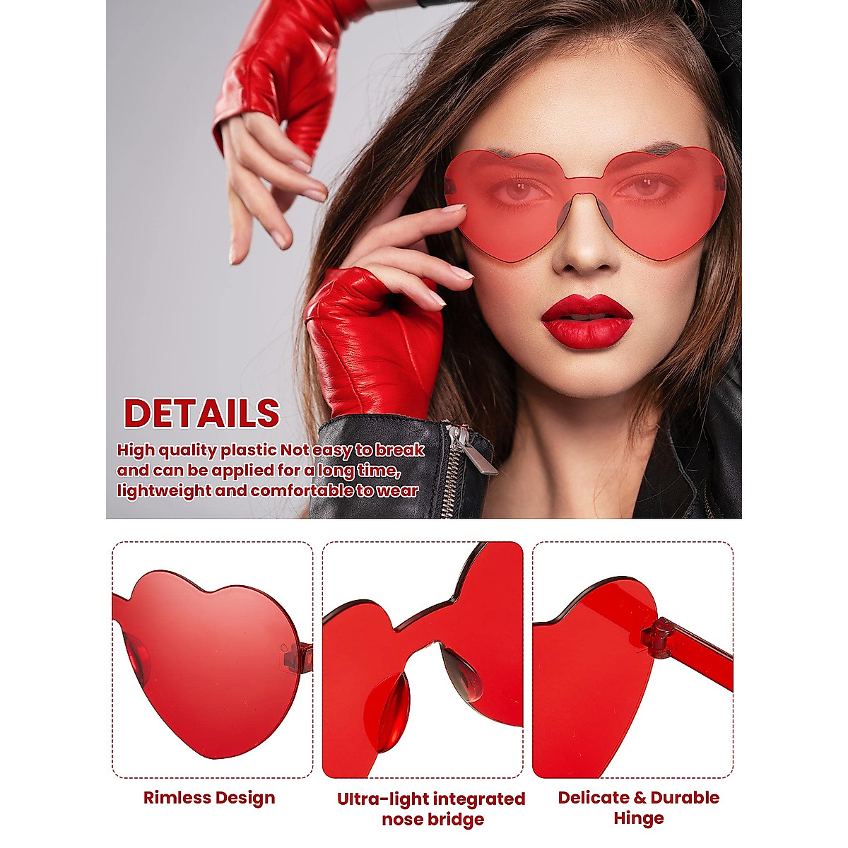 Weewooday 40 Pairs Heart Glasses Rimless Heart Shaped Frameless Sunglasses Transparent Sunglasses Tinted Eyewear(Red)