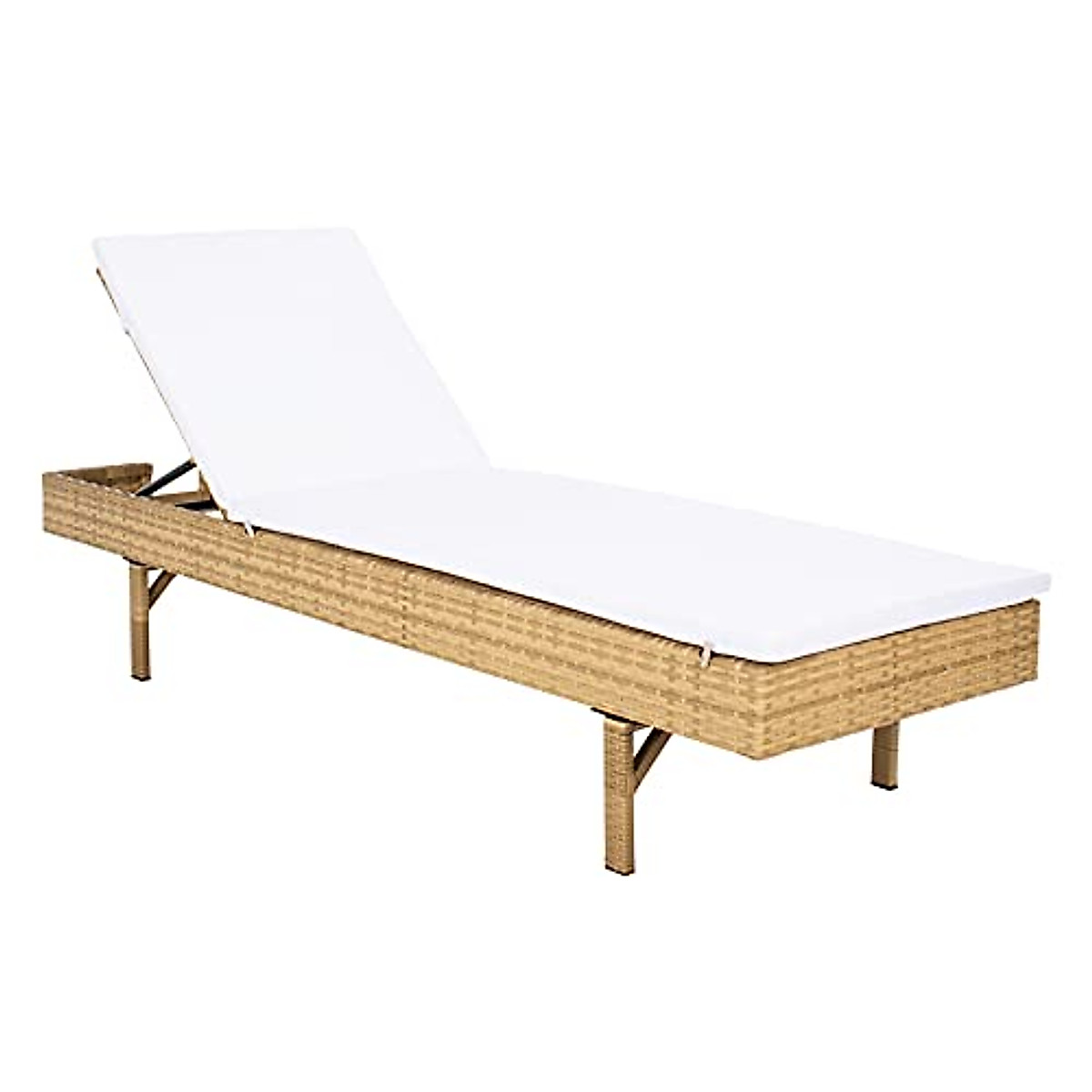 SAFAVIEH Outdoor Collection Cam Natural Brown Wicker/White Cushion Adjustable Chaise Lounge Chair, Black/Beige (PAT7501D)