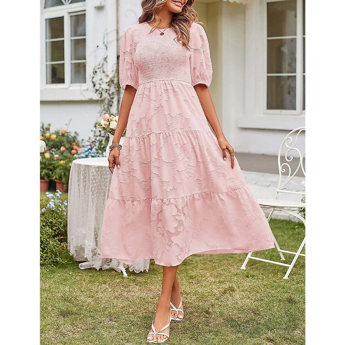 MEROKEETY Summer Dress for Women Elegant Smocked Short Puff Sleeve Floral Solid Midi Maxi Dresses,Pink,L