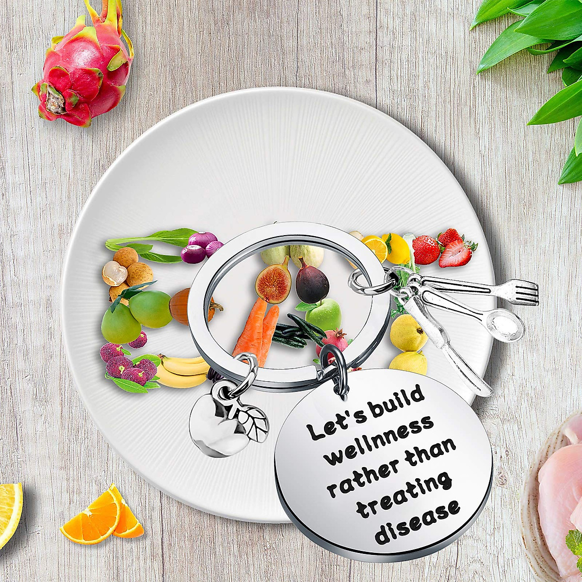 TGBJE Nutritionist Gift Keychain - 'Let's Build Wellness' Stainless Steel Keychain, Perfect for Dietitians, Nutrition Graduates & RDNs - Silver, Unisex, 3.0x3.0cm - Includes Velvet Pouch