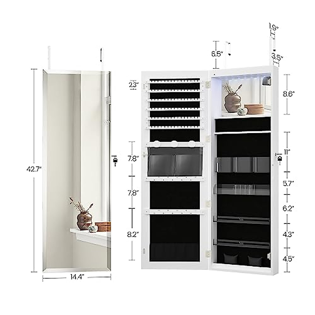 Hzuaneri 8 LEDs Jewelry Cabinet Armoire, 42.7" Tall Frameless Mirror Jewelry Organizer, lockable Wall/Door Mounted Makeup Jewelry Storage with Mirror, 4 Shelves, White and Black JC10803B