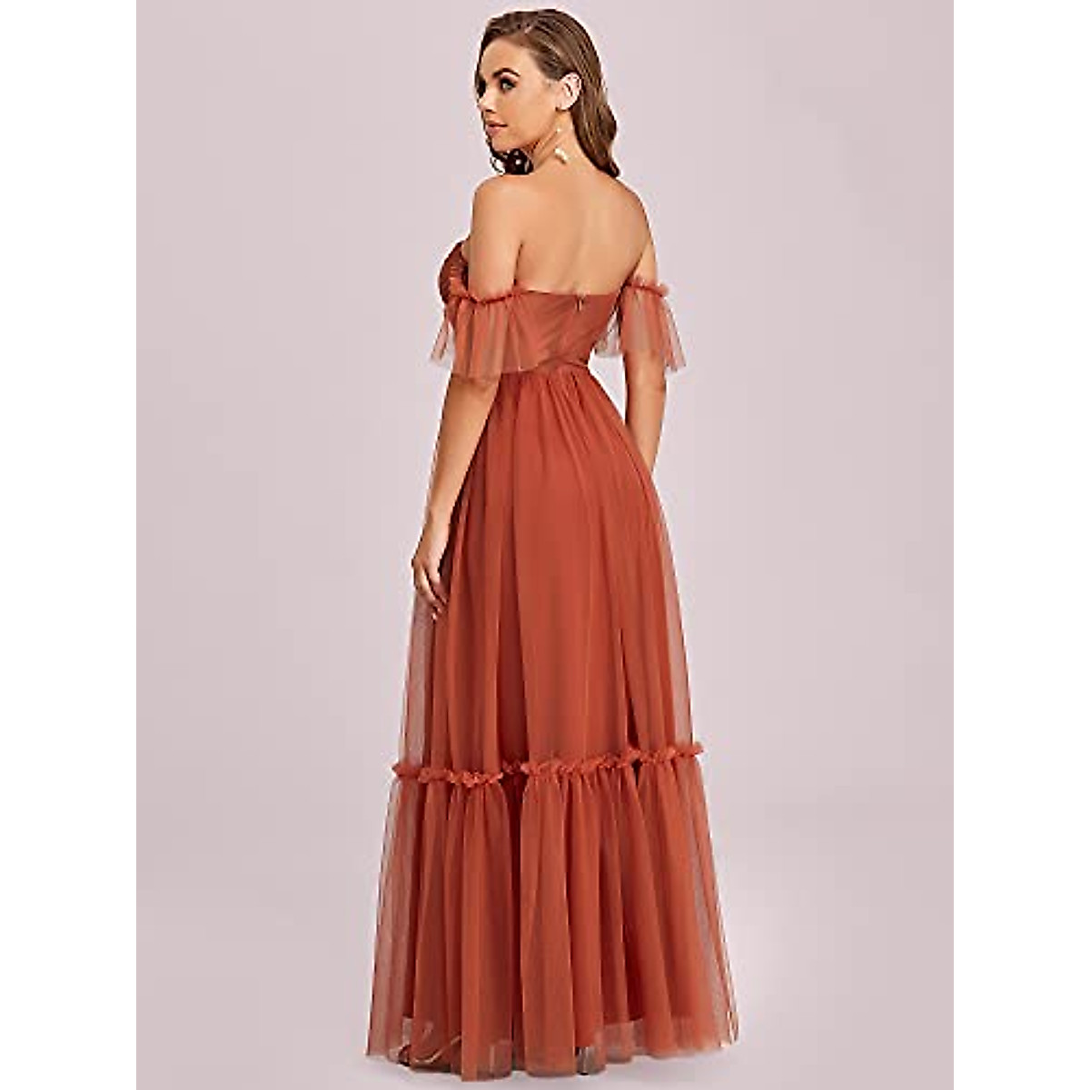 Ever-Pretty Women's Formal Dress Sweetheart Off-Shoulder Ruched Tulle Maxi Bridesmaid Dresses Burnt Orange US4