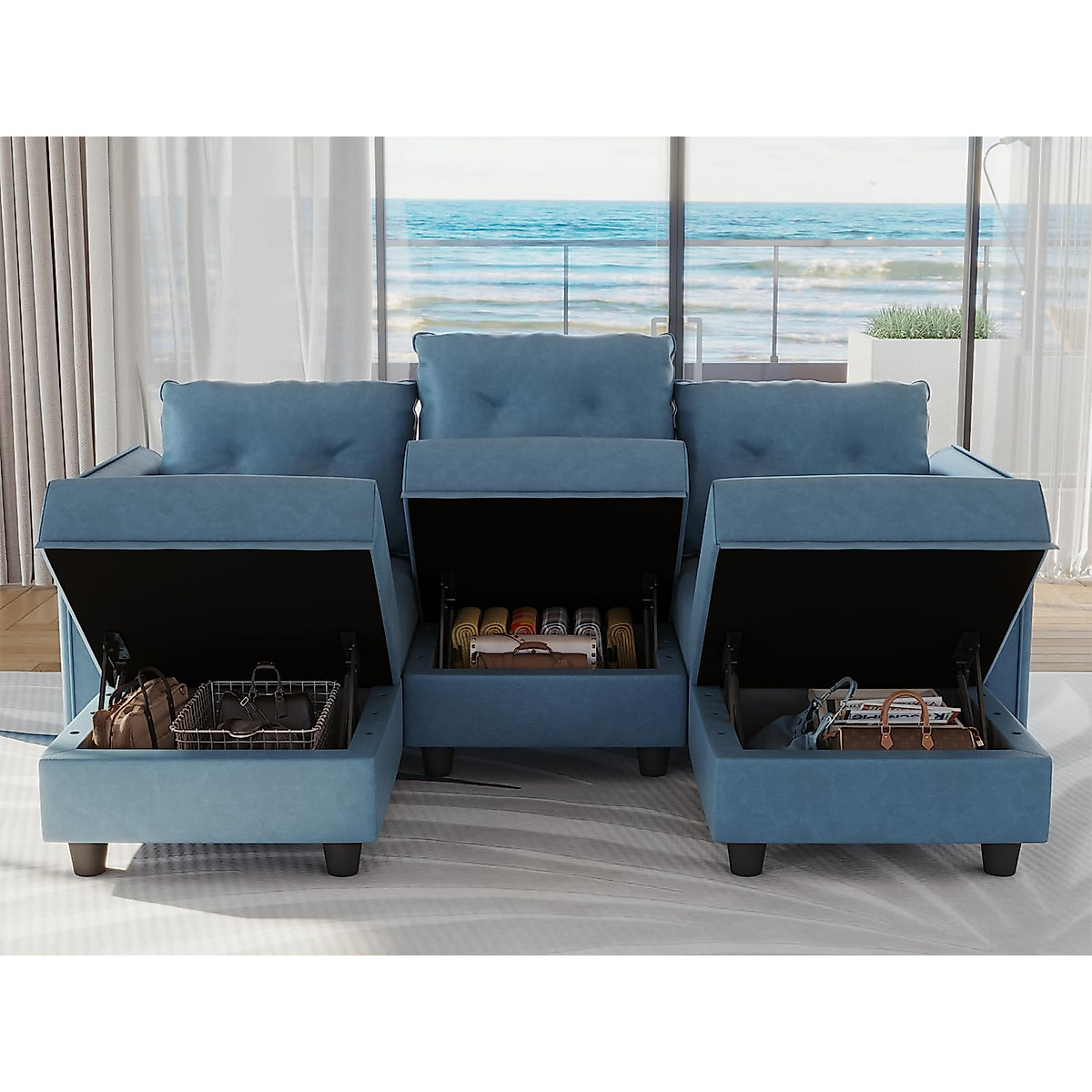 LLappuil Modular Sectional Sofa, Convertible U Shaped Couch with Storage, Faux Leather Fabric Waterproof Sectional Couch for Living Room, 86.2" Width, 5 Seat Modular Sofa, Navy Blue