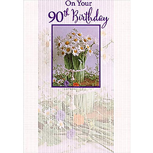 Designer Greetings Daisies in Purple Foil Frame Age 90 / 90th Birthday Card