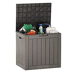 EAST OAK Deck Box, 31 Gallon Indoor and Outdoor Storage Box with Padlock for Patio Cushions, Outdoor Toys, Gardening Tools, Sports Equipment, Waterproof and UV Resistant Resin, Grey