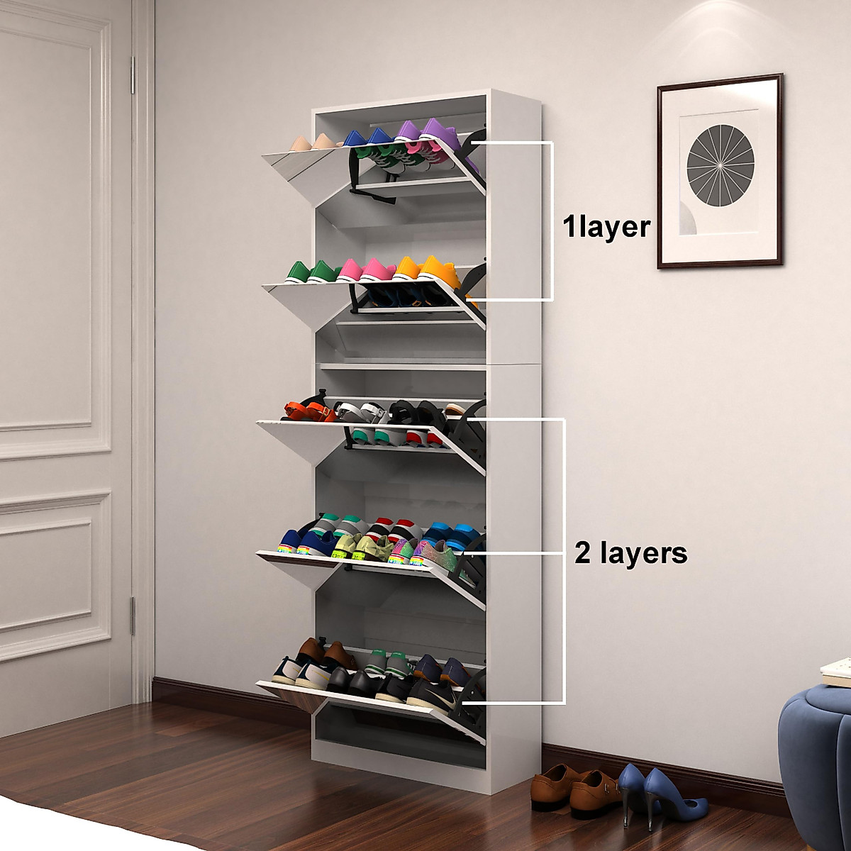 GLSCASA Modern Shoe Cabinet with Full Length Mirror, Freestanding Shoe Storage Organizer with 5 Flip Drawers, Separate 3 + 2 Tier Shoe Cupboard for Entryway, Dressing Room