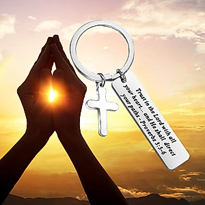 BEKECH Christian Proverbs 3:5-6 Trust in The Lord With All Your Heart Cross Charm Keychain Bible Verse Gift, Trust in the Lord With All Your Heart.. Brown Card, S